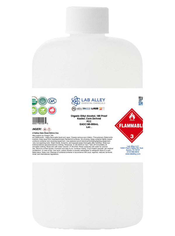 Organic Ethyl Alcohol, Sugar Cane, 190 Proof Kosher, Halal, FCC | Lab Alley