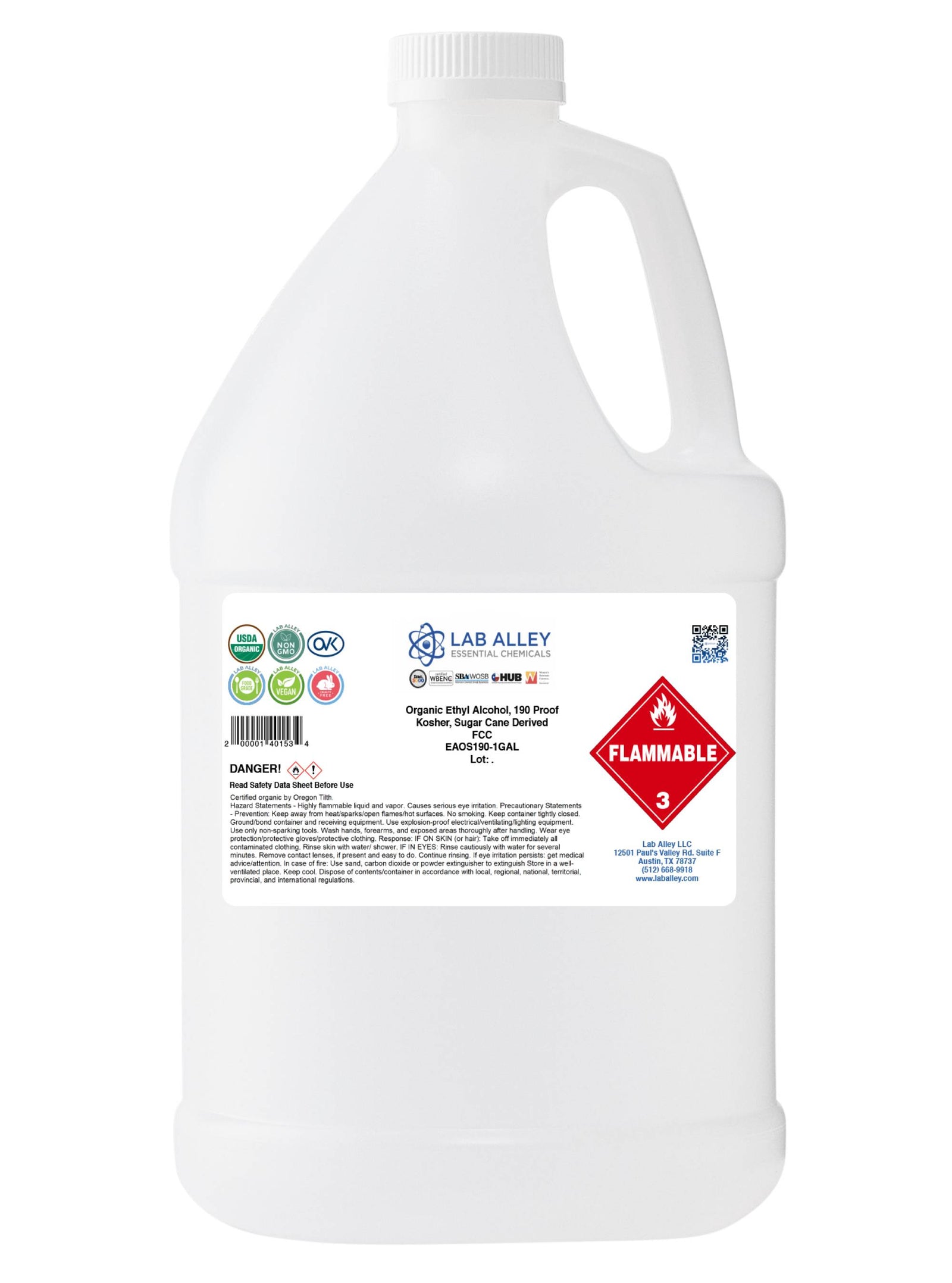 Organic Ethyl Alcohol, Sugar Cane, 190 Proof Kosher, Halal, FCC | Lab Alley